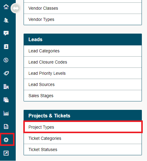 Settings - Projects & Tickets - Project Types – Global Office Software