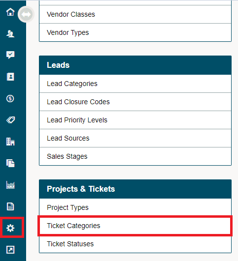 Settings - Projects & Tickets - Ticket Categories – Global Office Software